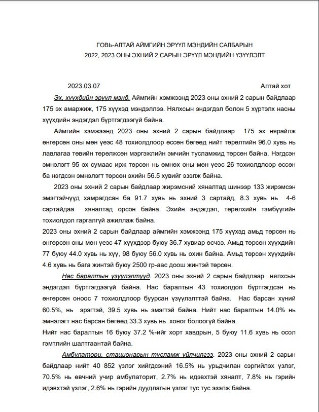 Говь Алтай аймгийн эрүүл мэндийн салбарын 2023 оны эхний 2 сарын эрүүл